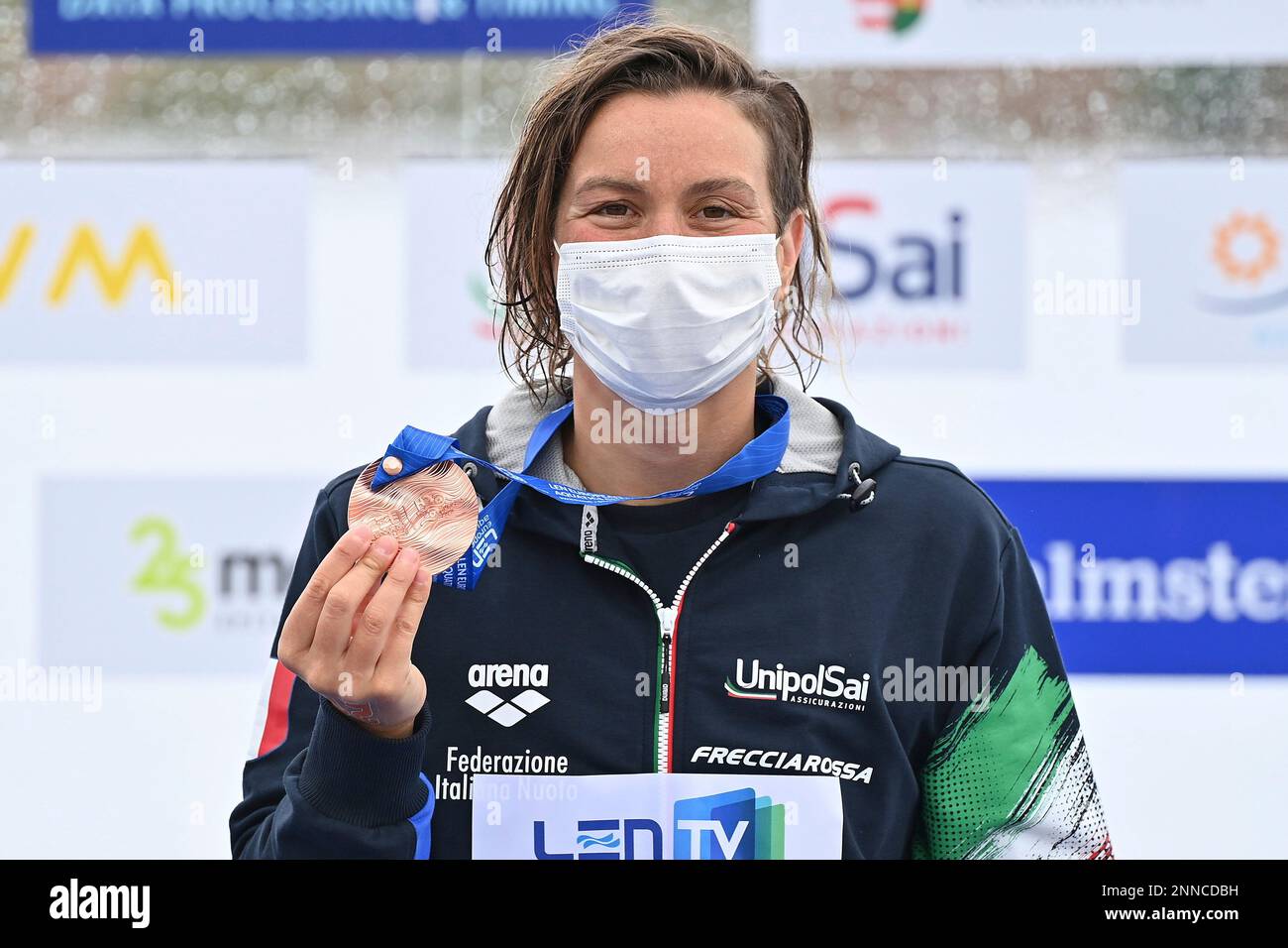 Bronze medal winning Rachele Bruni of Italy celebrates on the podium ...