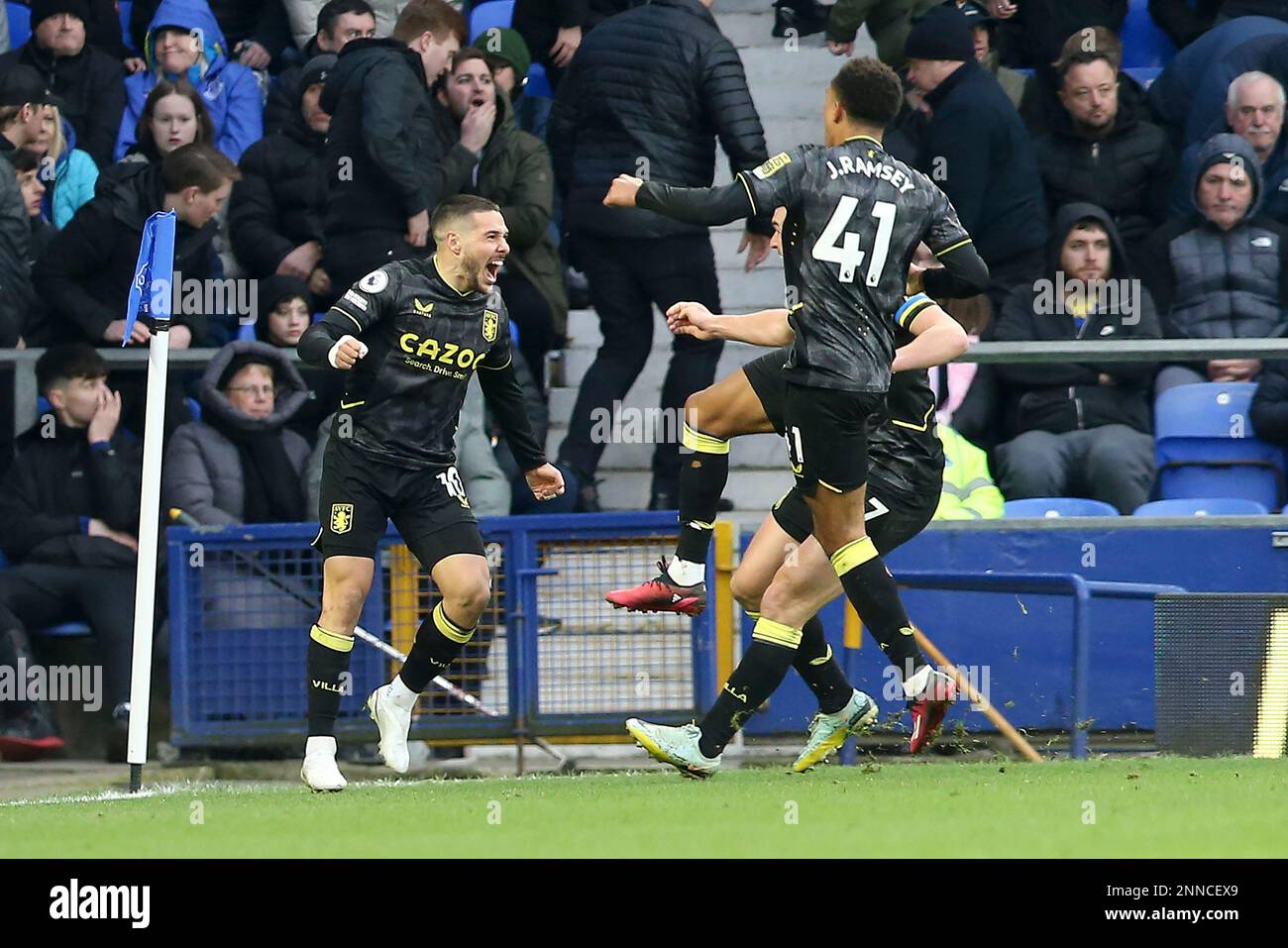 Everton, UK. 25th Feb, 2023. Emi Buendia of Aston Villa (l) celebrates ...