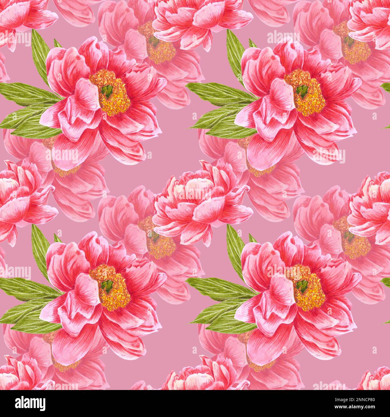 Handdrawn peony flowers seamless pattern. Watercolor red peony with ...