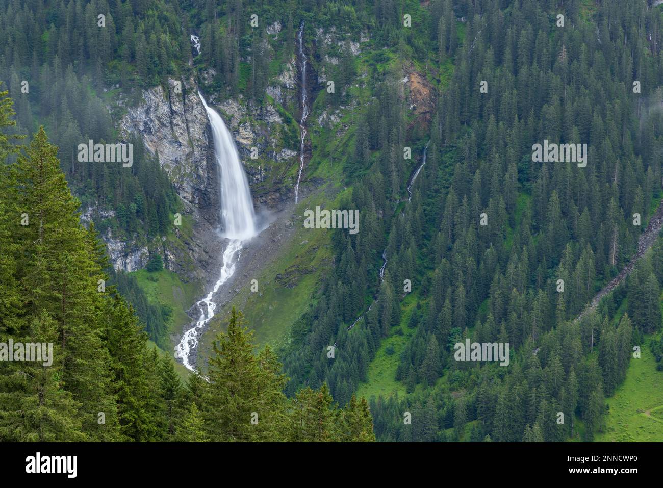 Typical alpine landscape with waterfalls (Niemerstafelbachfall), Swiss ...