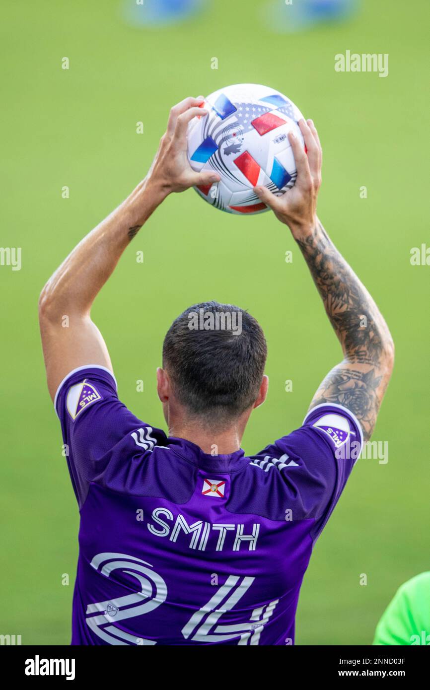 ORLANDO, FL - MAY 08: Orlando City defender Kyle Smith (24) throws in ...