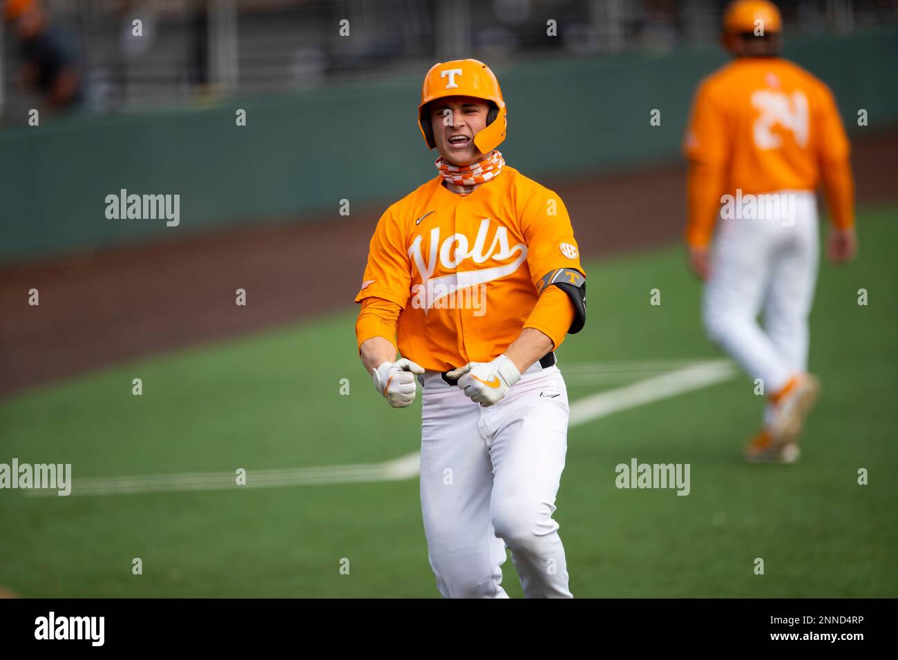 Tennessee Volunteers left fielder Evan Russell (4) celebrates a home ...