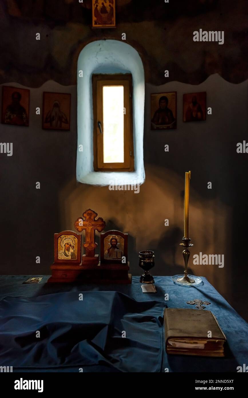 Inside the altar of an orthodox church, with traditional artifacts ...