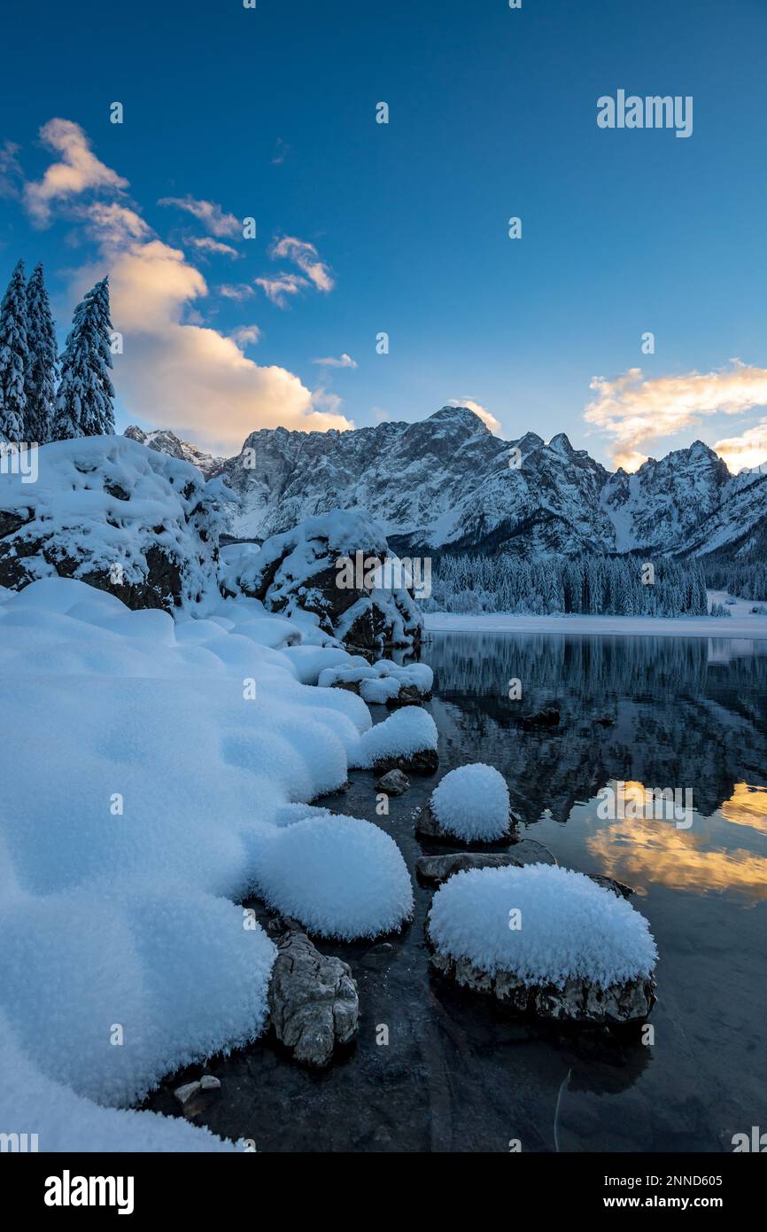 Frosty winter sunset at the lakes of Fusine, Friuli Venezia Giulia ...