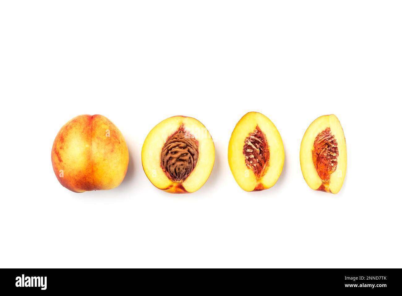 Peach cut in half and quarters isolated on white with clipping path ...