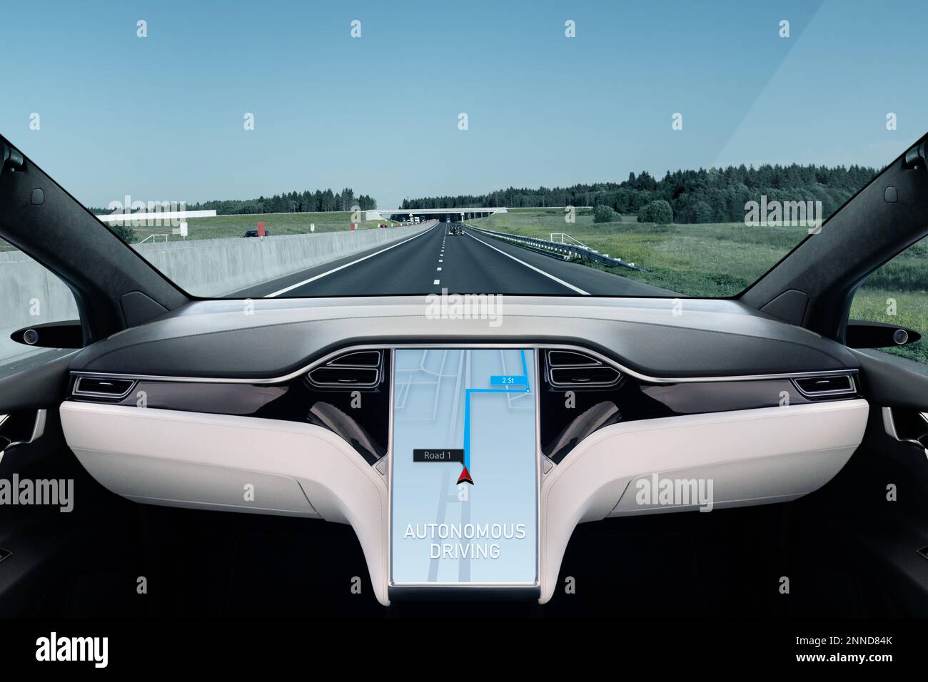 Self driving car on a road. Autonomous vehicle. Inside view Stock Photo ...