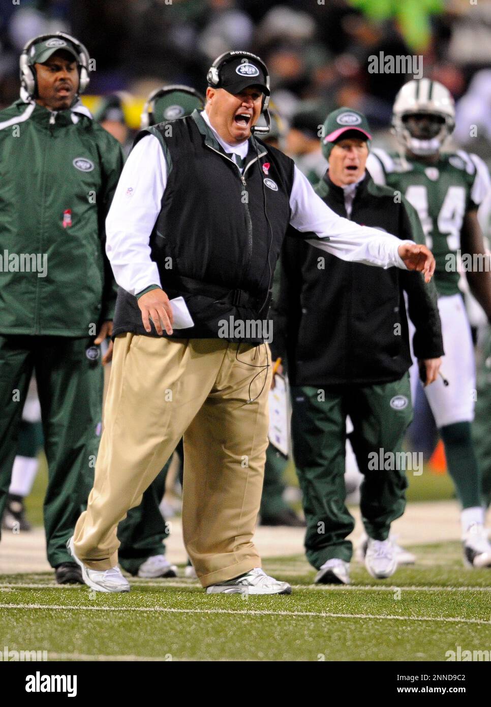 18 October 2009: New York Jets head coach Rex Ryan during the second ...