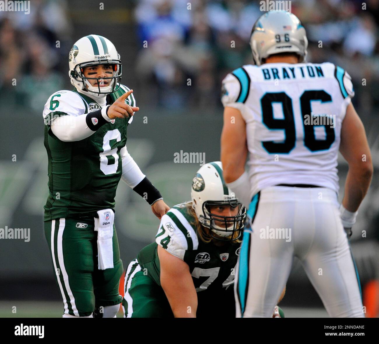 29 November 2009: New York Jets quarterback Mark Sanchez (6) points out ...