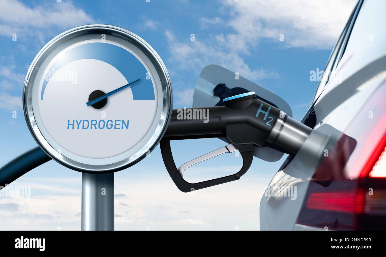 Close up of fuel cell car with connected hydrogen fueling nozzle and ...