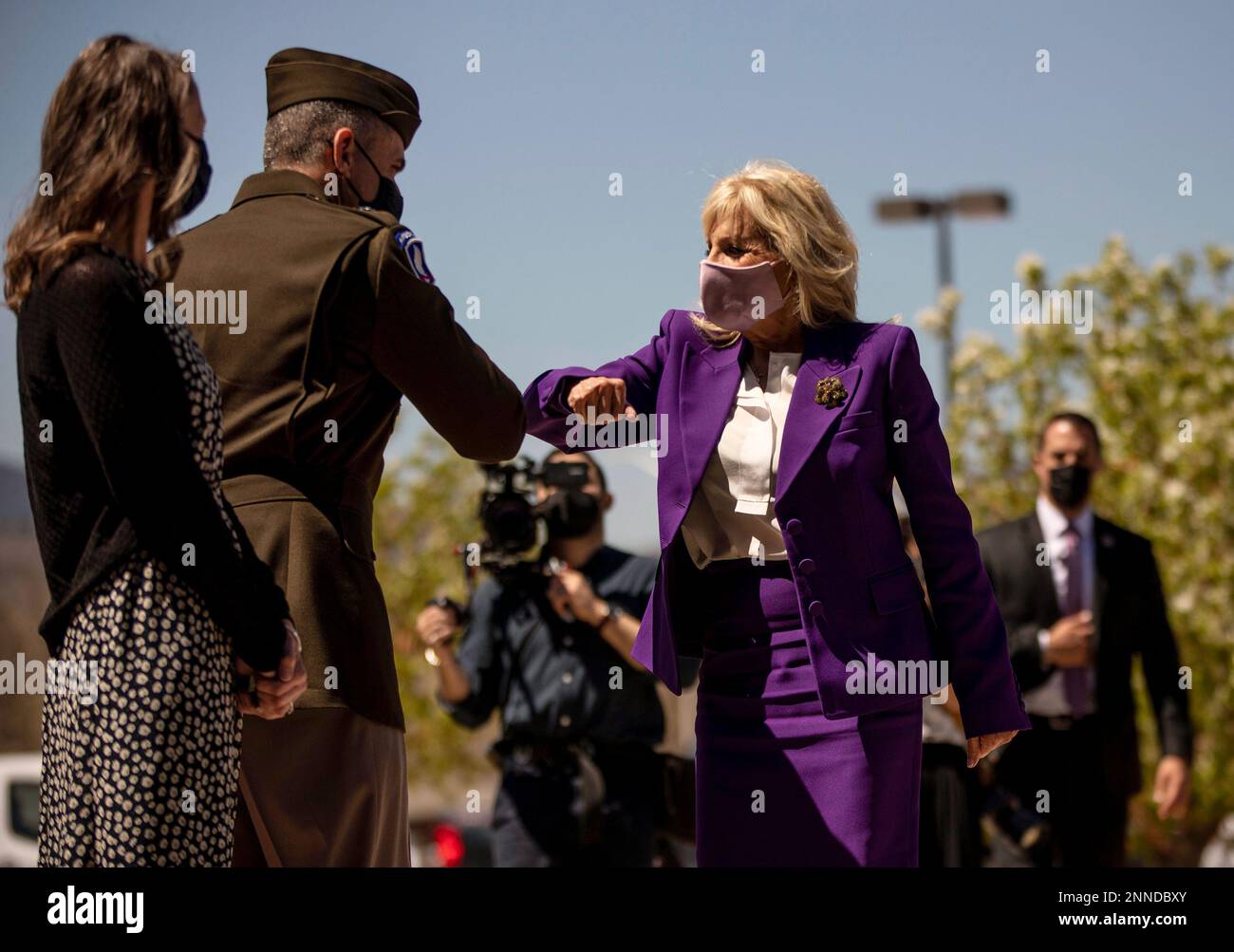 First lady Jill Biden greets Maj. Gen. Matt McFarlane and his wife Kelly McFarlane during her ...