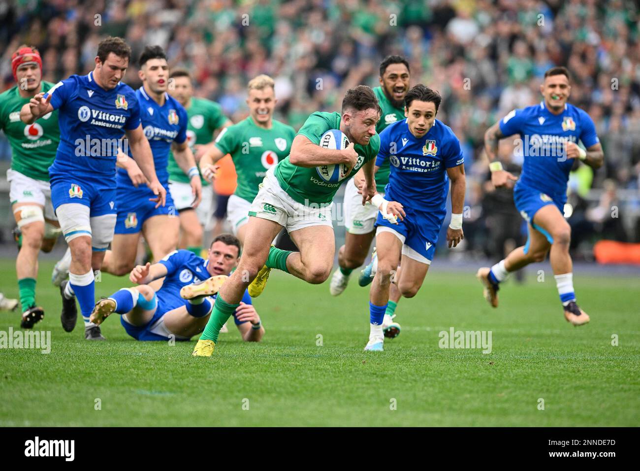 Hugo Keenan of Ireland scoring a try during Six Nation Rugby Match ...
