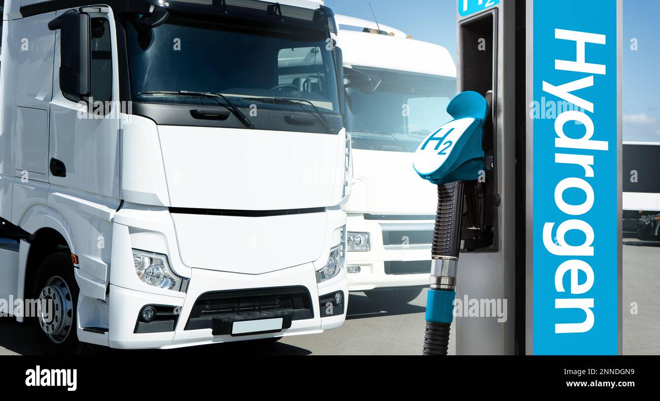 Hydrogen filling station on a background of trucks Stock Photo - Alamy