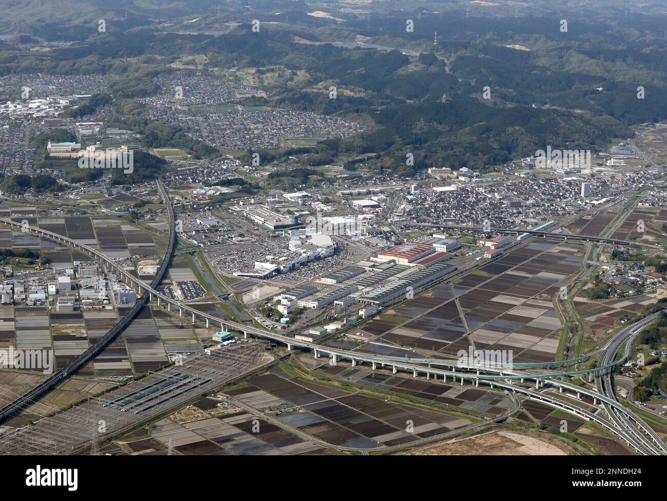 An aerial photo shows East Japan Railway Co.'s Shinkansen General Rolling Stock Center (R) and a ...