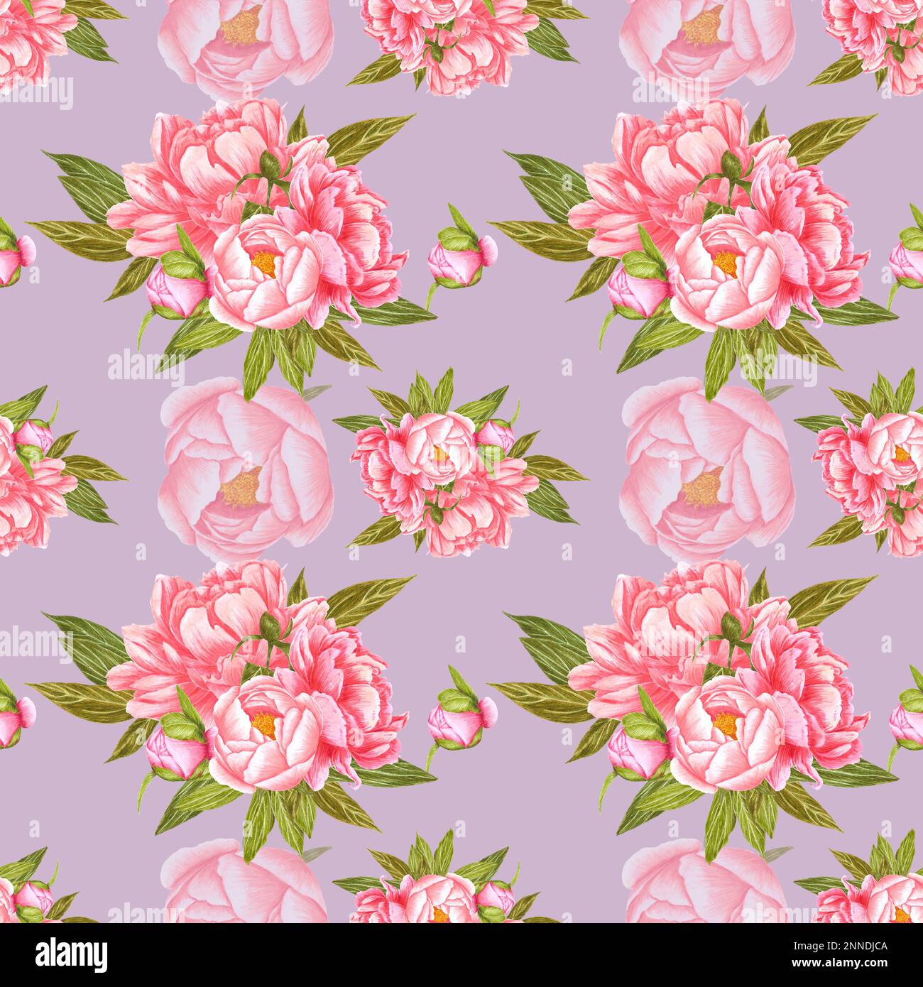Handdrawn peony flowers seamless pattern. Watercolor red peony with ...