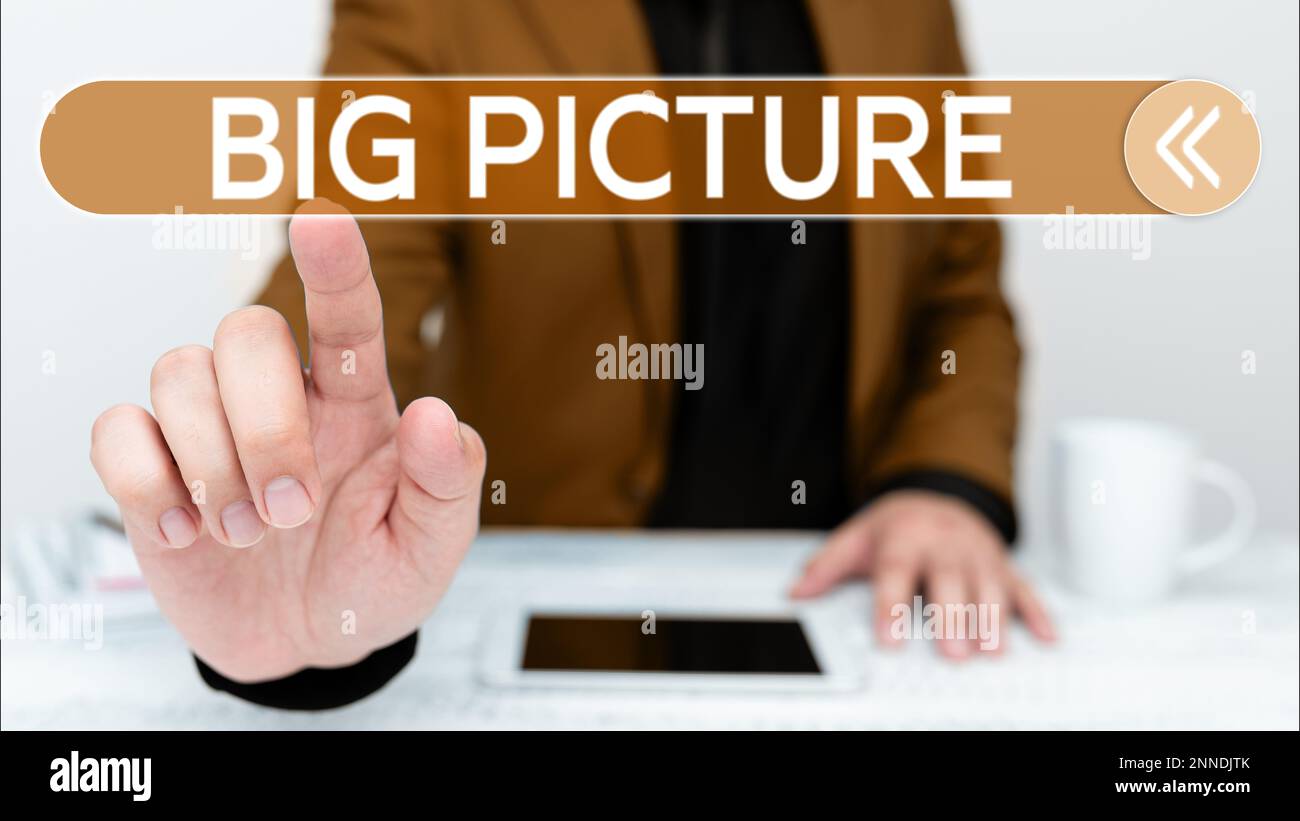 Hand writing sign Big Picture. Concept meaning most important facts ...