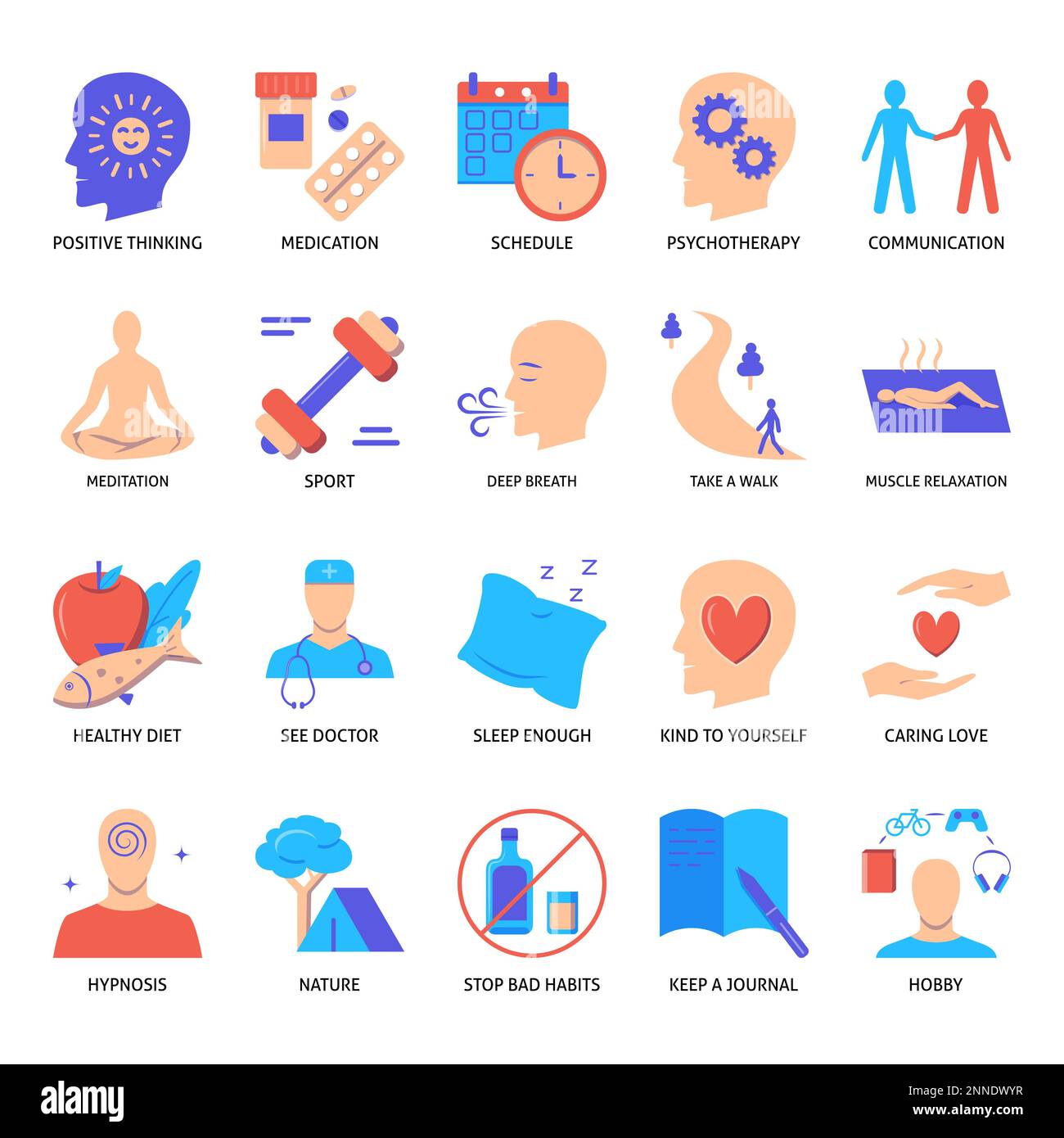 Stress relieve methods icon set in flat style. Self care, healthy ...