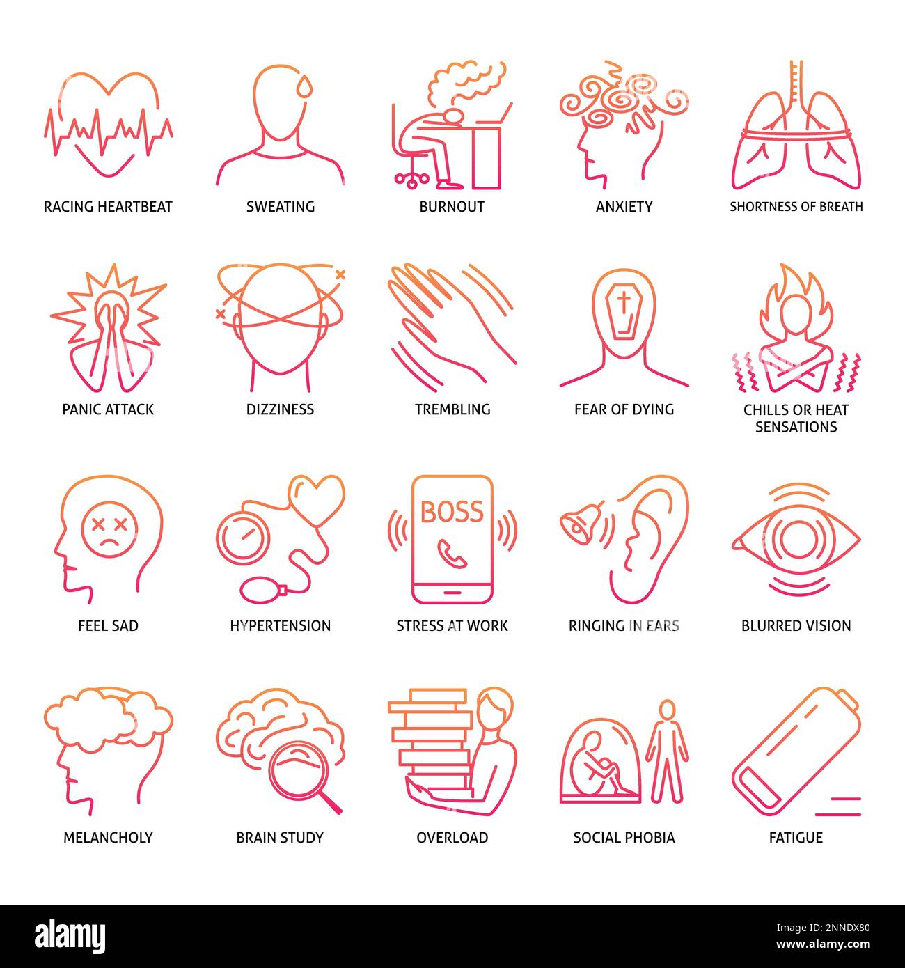 Causes and symptoms of stress icon set in line style. Vector ...