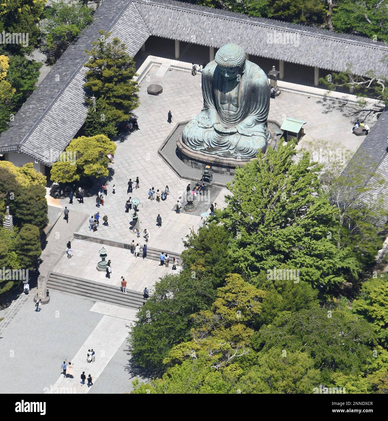 An aerial photo shows the Great Buddha of Kamakura at Buddhist temple ...