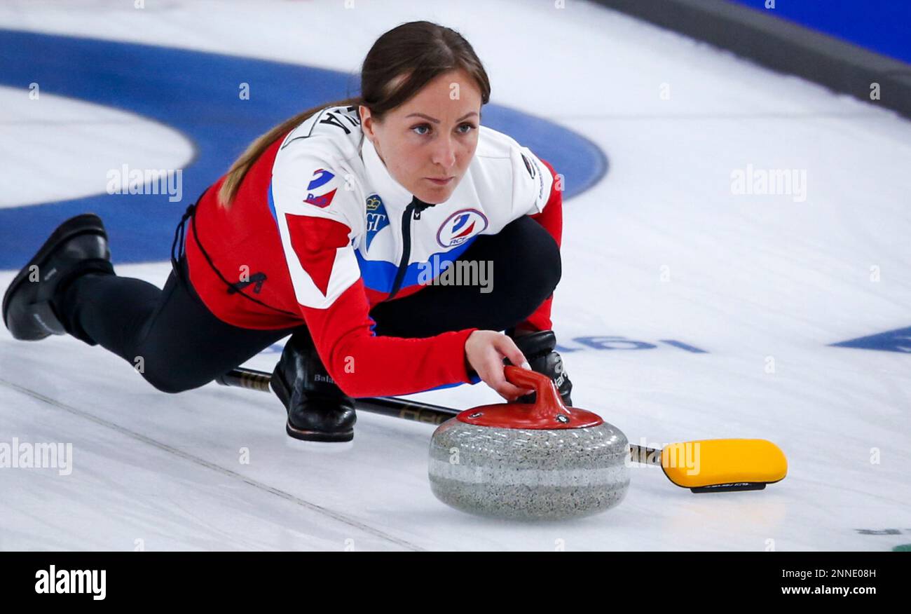 Russia skip Alina Kovaleva makes a shot against Italy at the women's ...