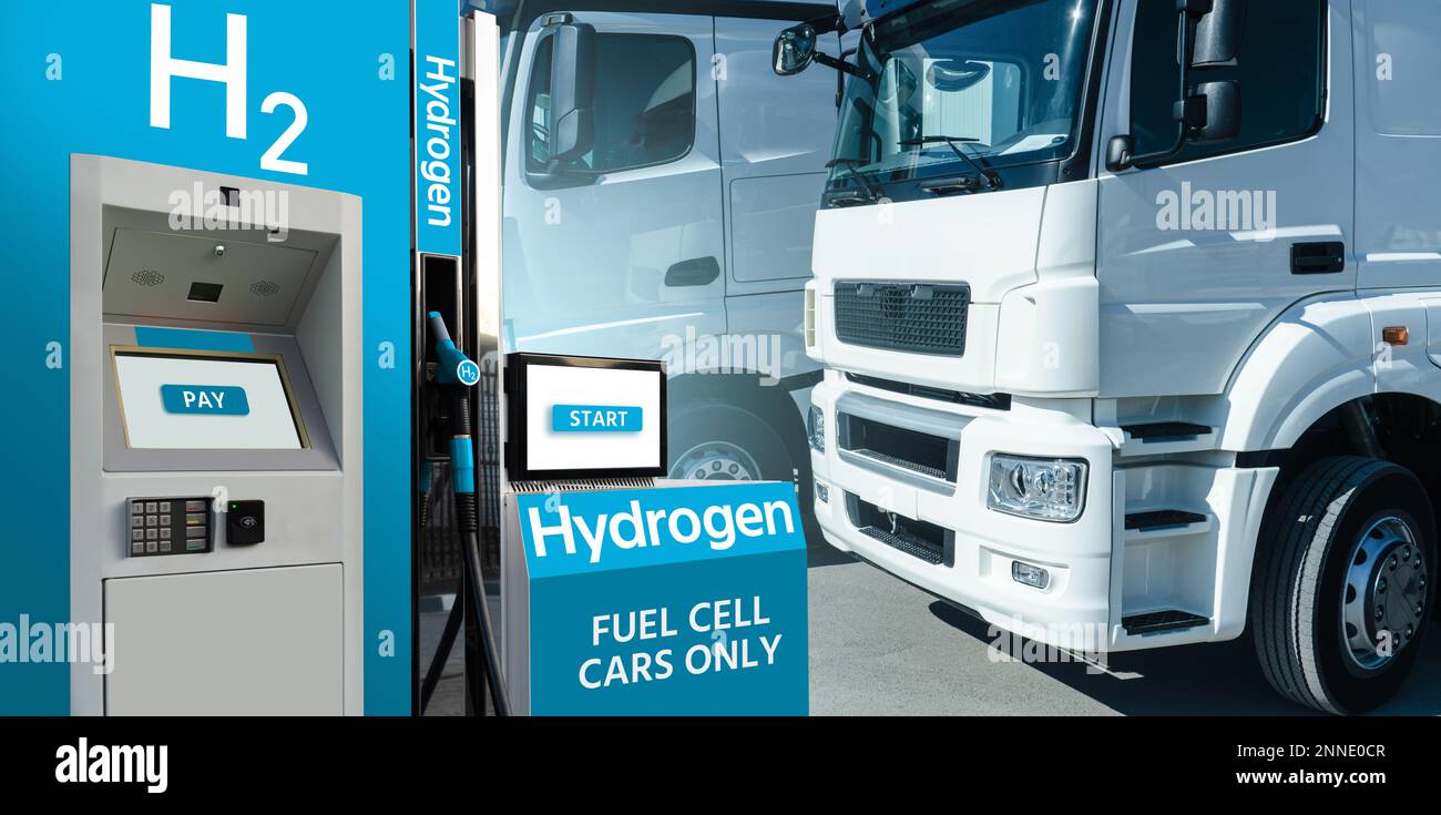Hydrogen filling station on a background of trucks Stock Photo - Alamy