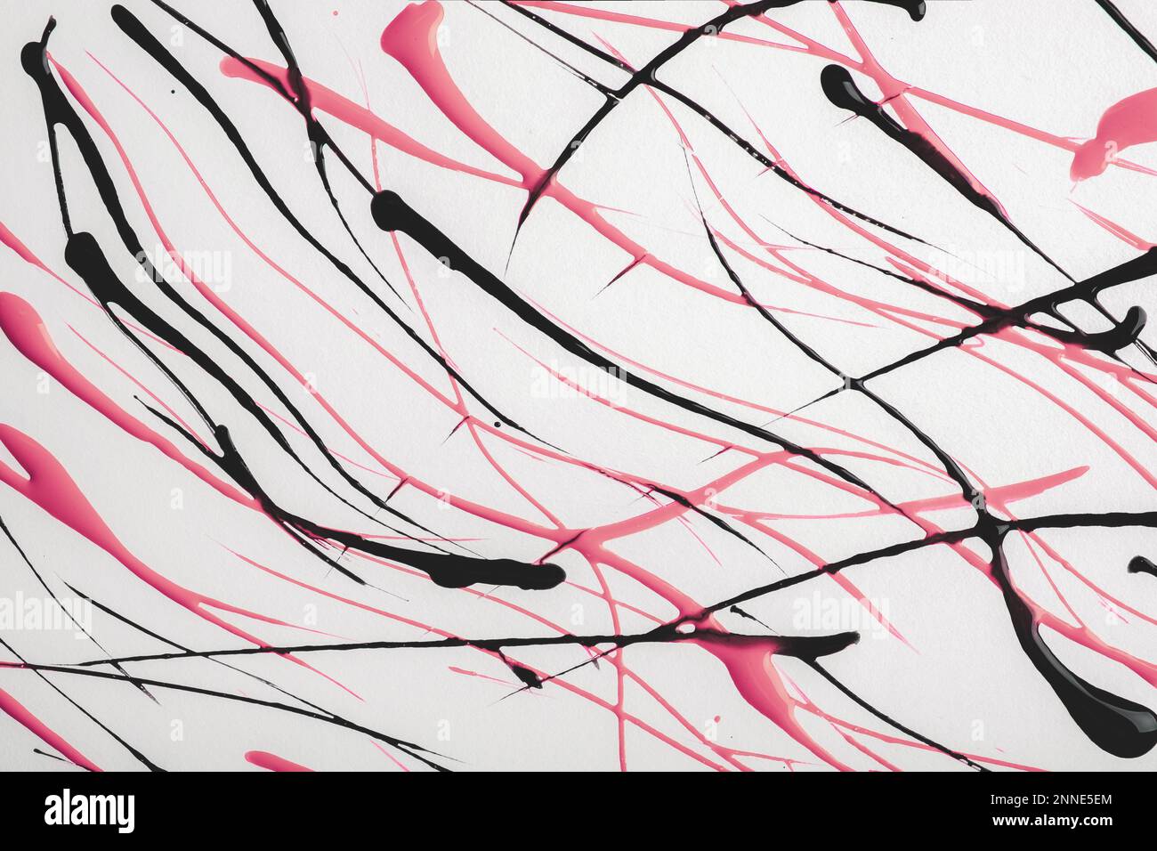 Thin pink and black lines and splashes on white background. Abstract ...