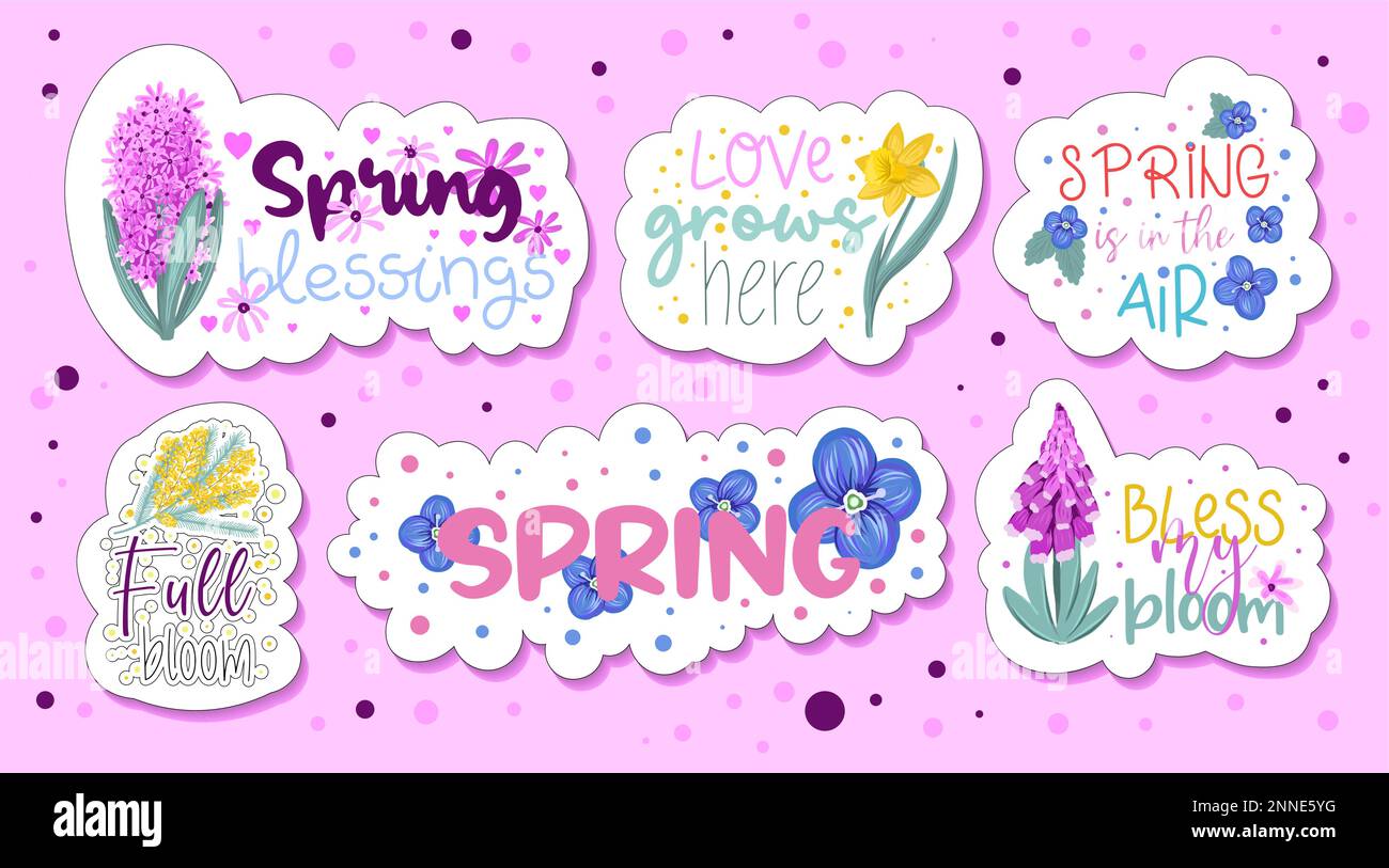 A collection of stickers with cute inscriptions and receipts. spring ...