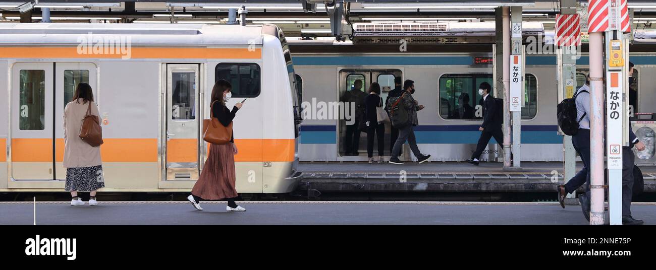 Train cars are packed with commuters at JR Nakano Station during Golden ...