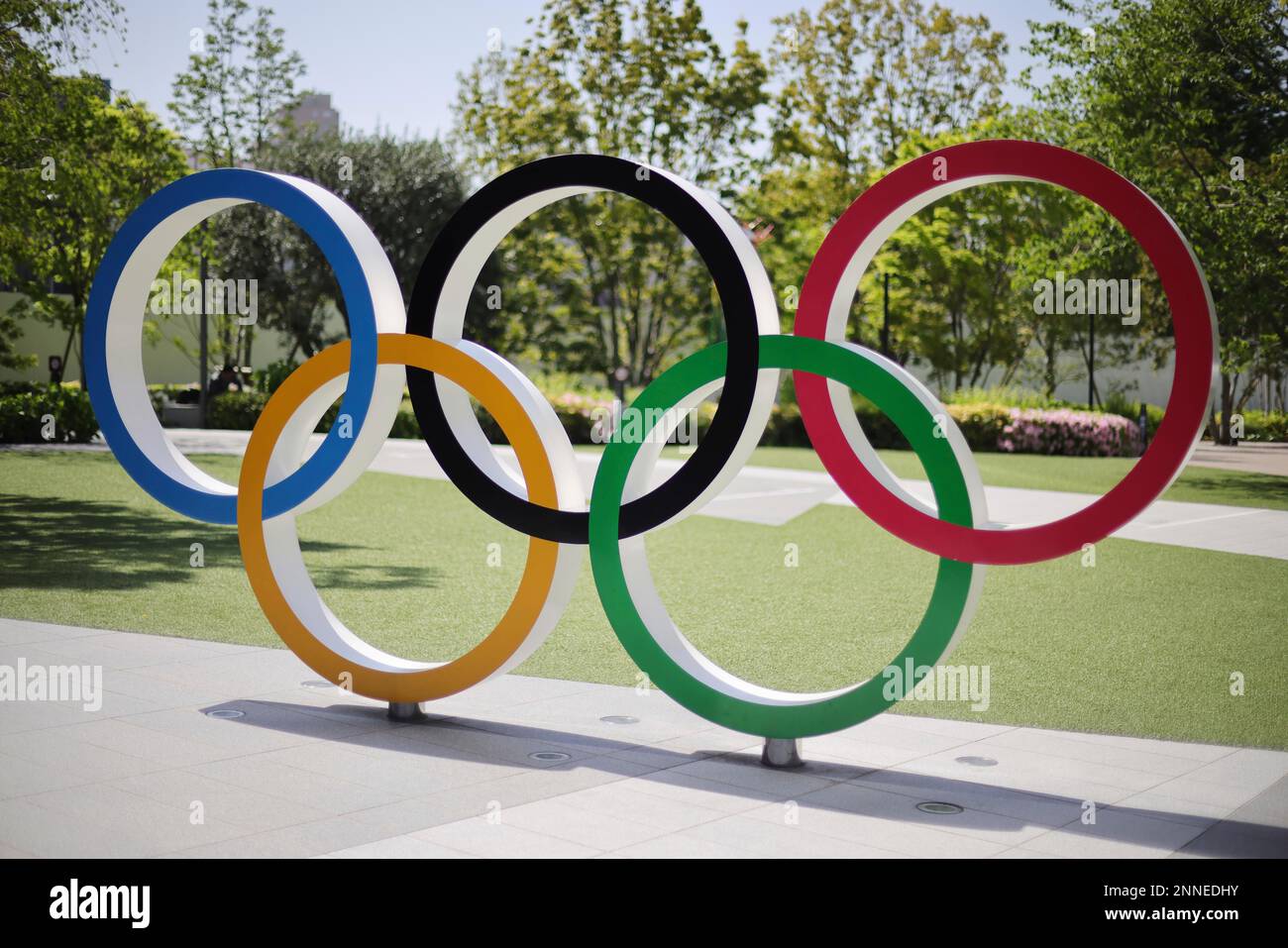 Five ring Olympic Symbol in front of Japan Olympic Museum is pictured ...