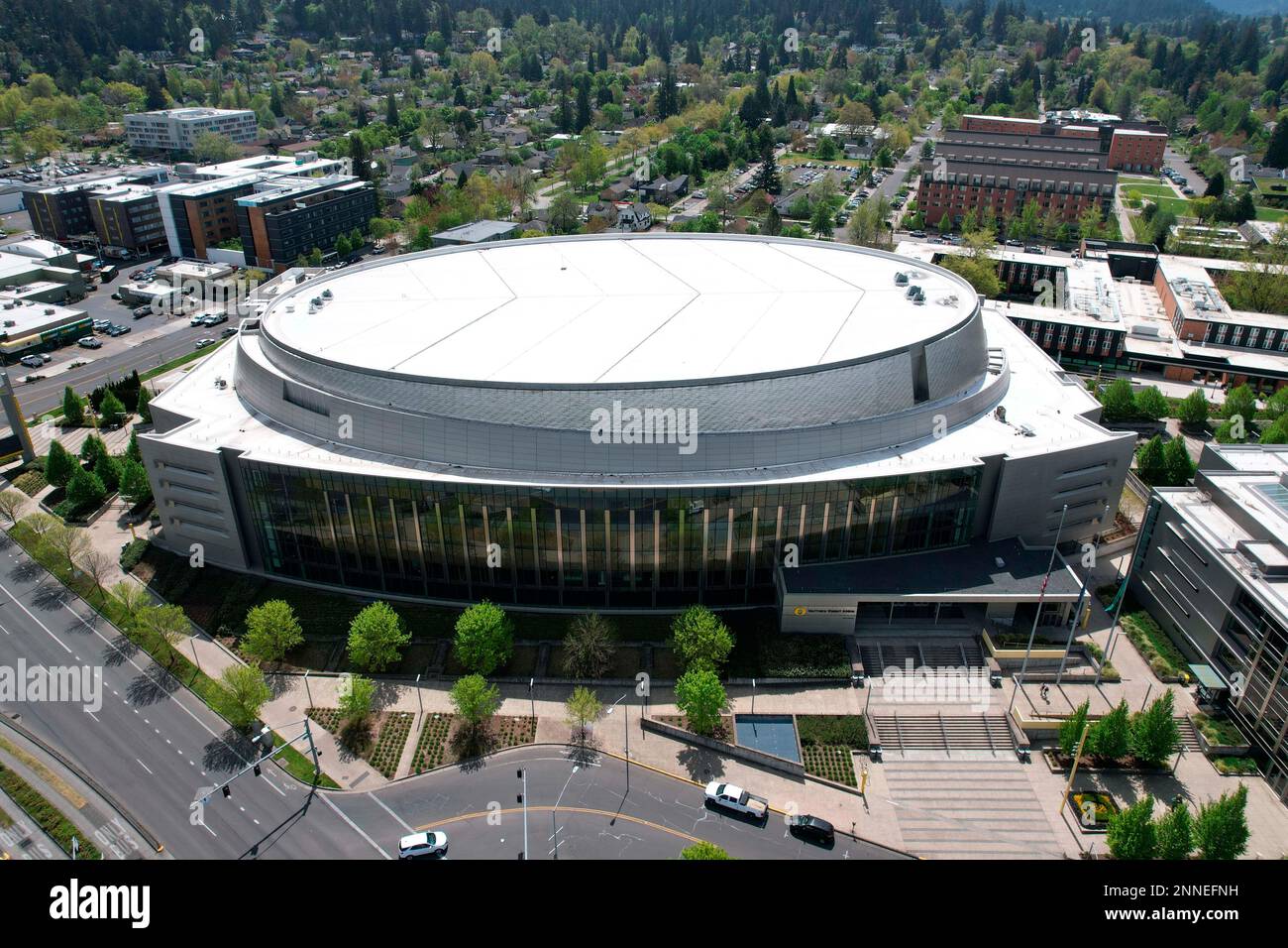An aerial view of the Matthew Knight Arena on the campus of the ...