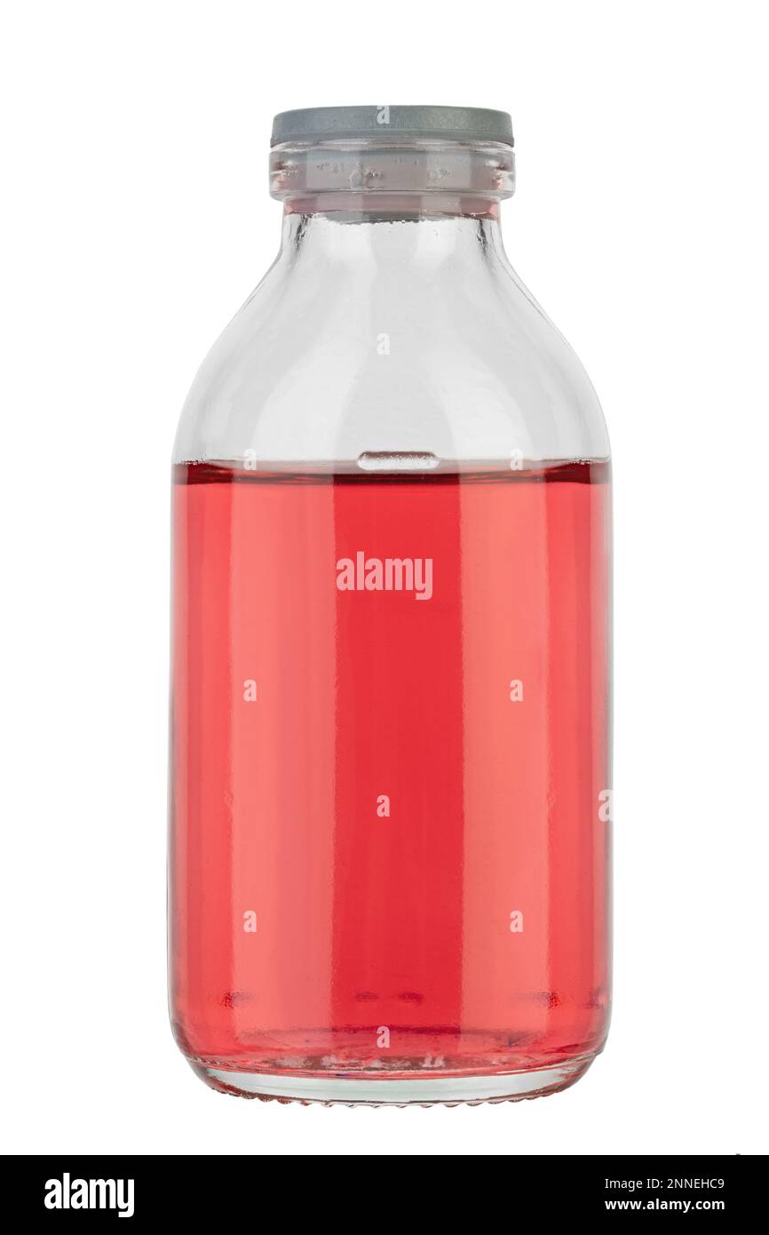 Bottle with red syrup, medical drug. Isolated on white background. File ...