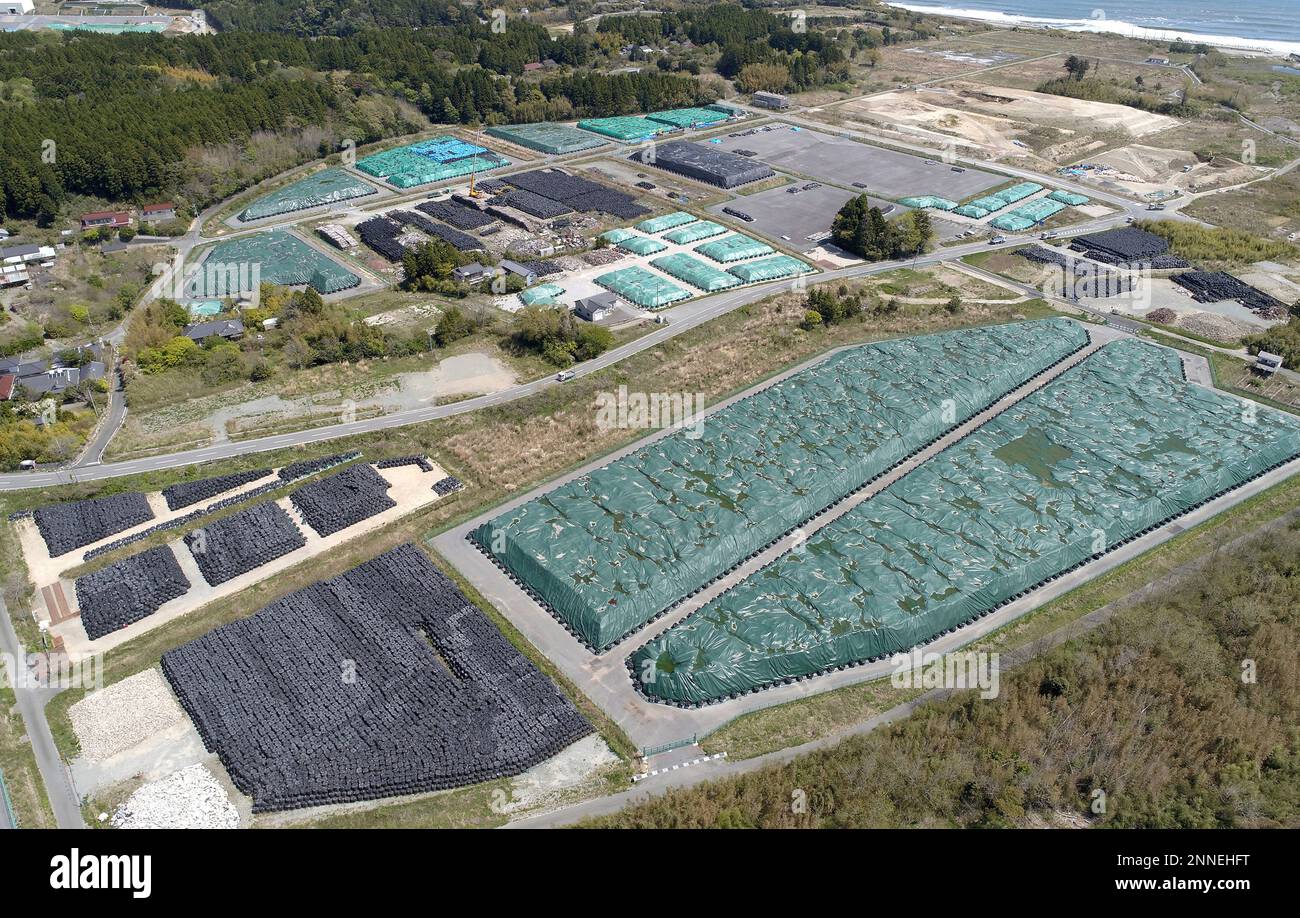 A drone photo shows storage of an interim storage facility where lots ...