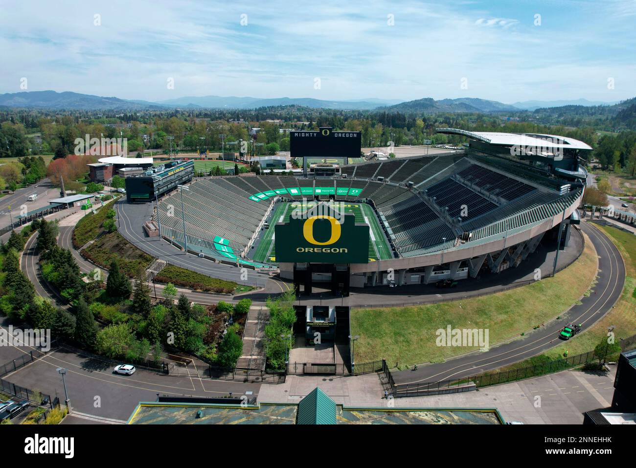 An aerial view of Autzen Stadium on the campus of the University of ...