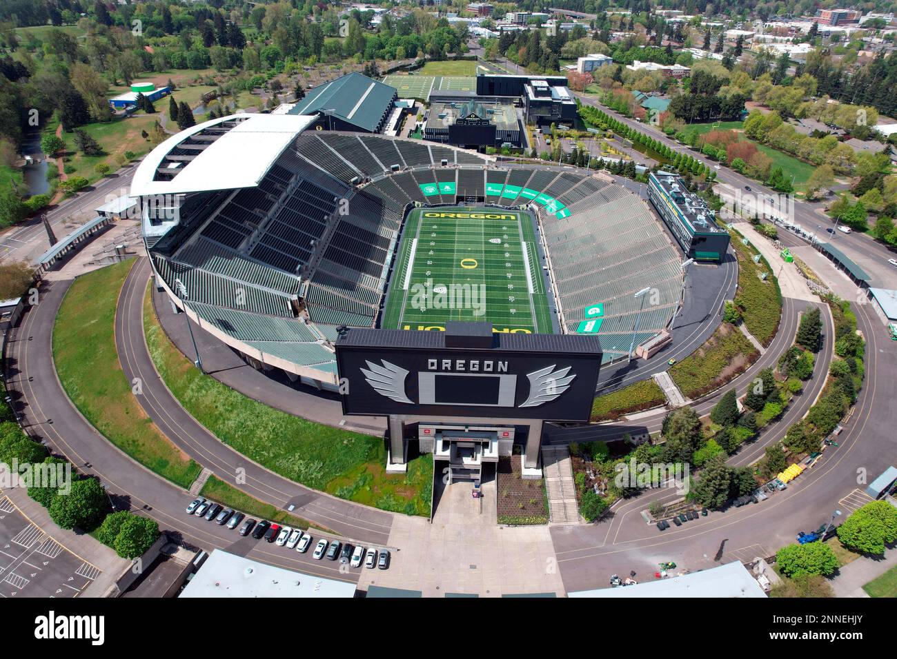 An aerial view of Autzen Stadium on the campus of the University of ...