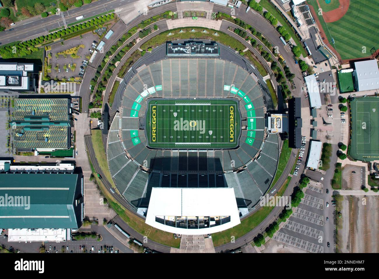 An aerial view of Autzen Stadium on the campus of the University of ...
