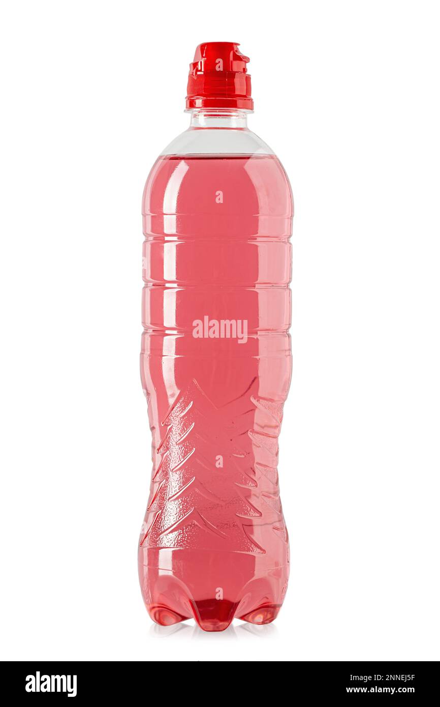 Red drink in a closed plastic bottle. Isolated on a white background ...