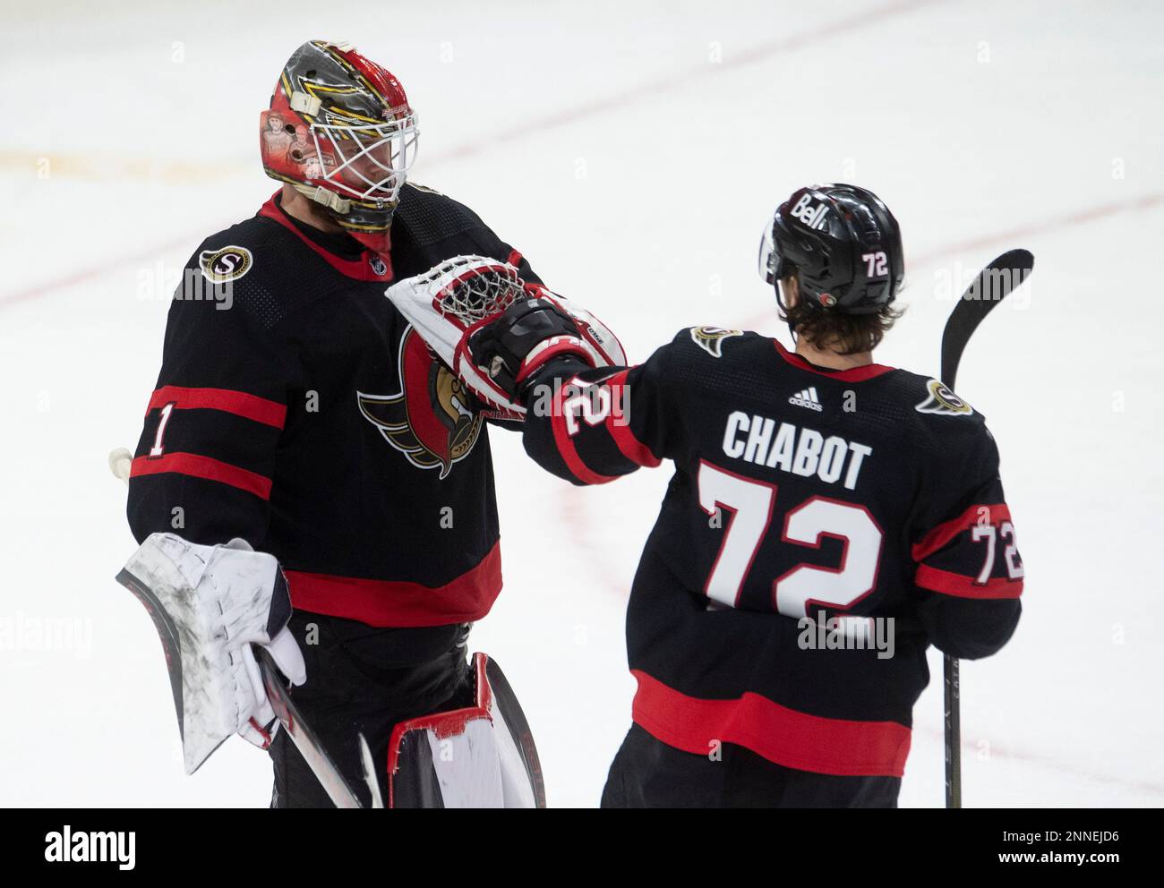 Ottawa Senators defenceman Thomas Chabot congratulates goaltender ...