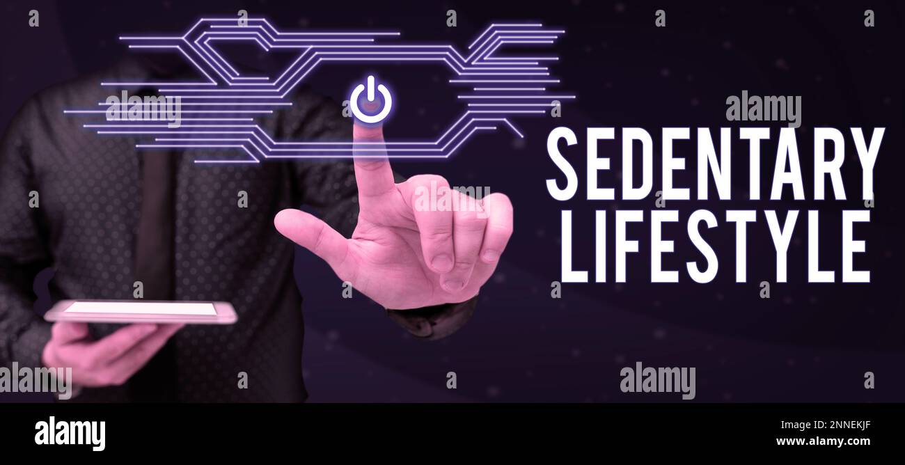 Hand writing sign Sedentary Lifestyle. Business concept ways and means ...