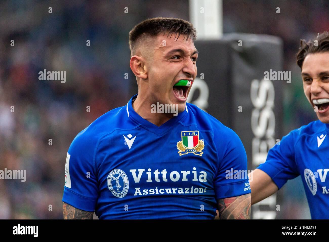 Rome, Italy. 25 Feb 2023. Italian winger Pierre Bruno celebrates his ...