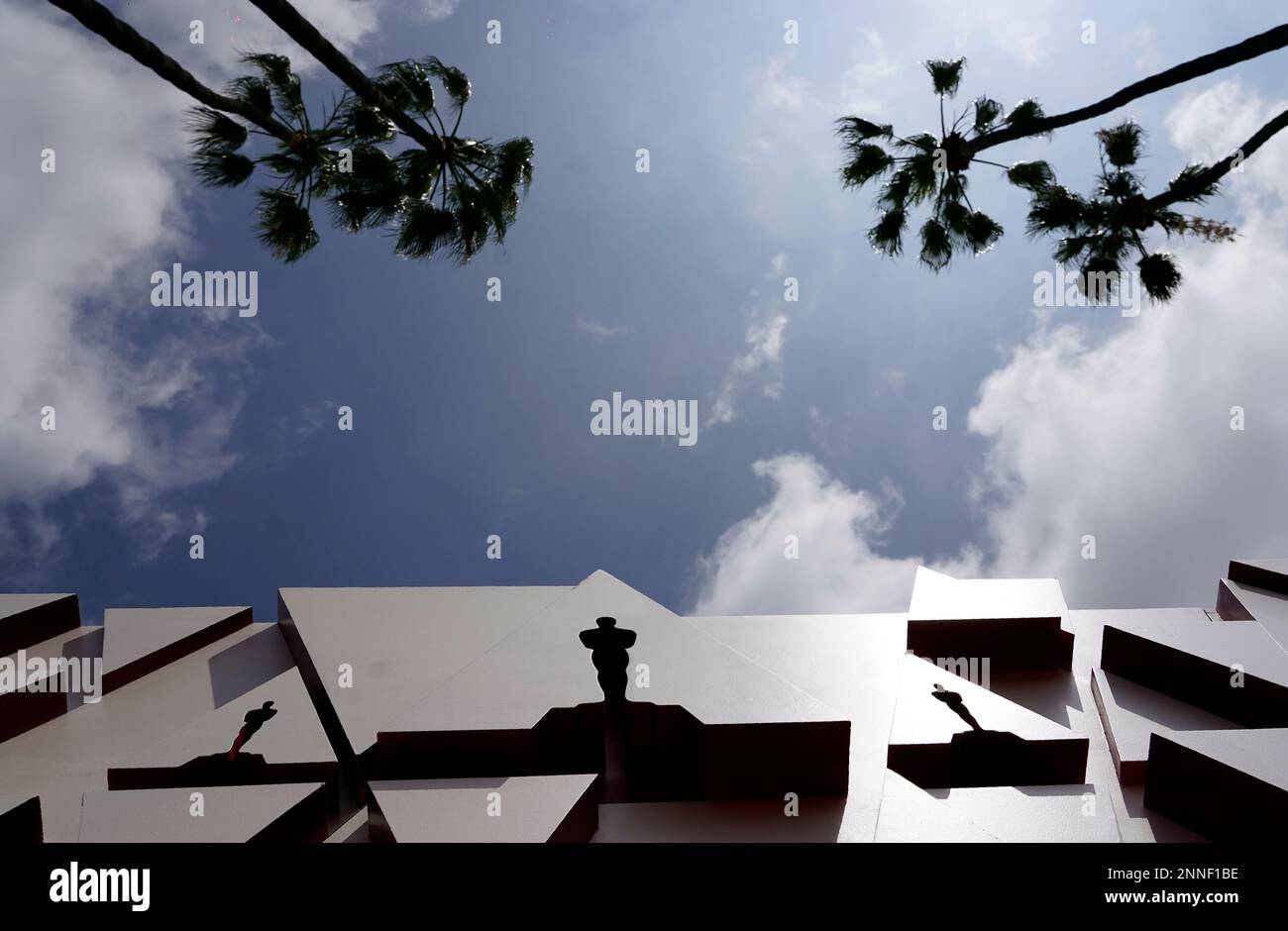 A step-and-repeat backdrop for the Academy Awards red carpet is ...