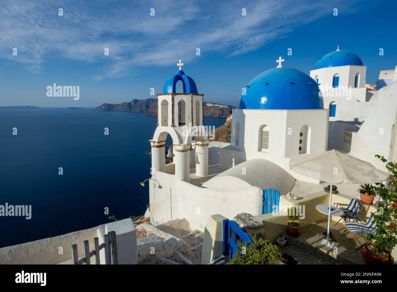 Europe, Greece, Santorini, Oia. View over the classic, blue topped ...