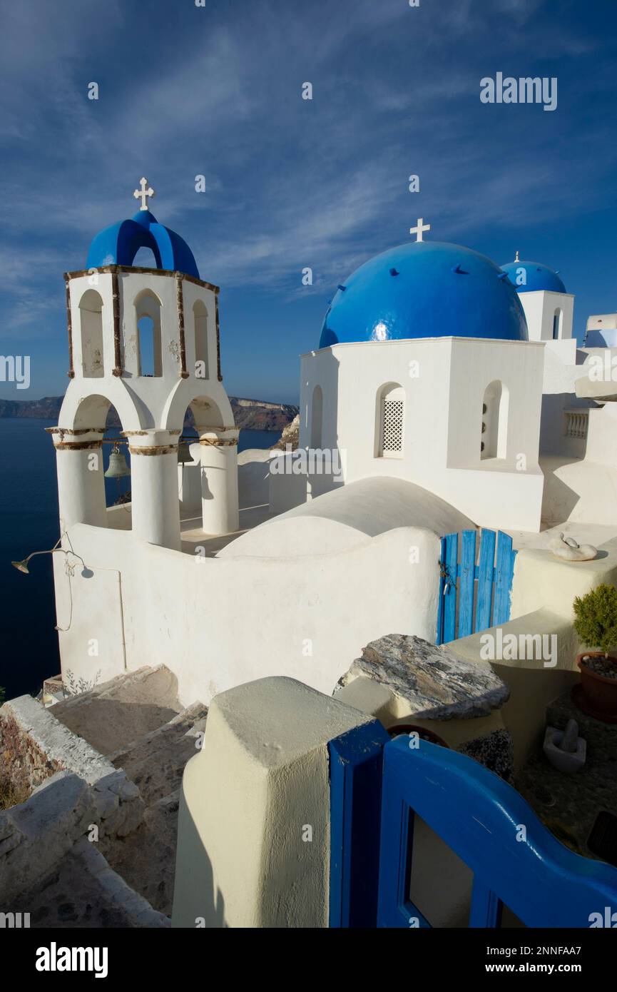 Europe, Greece, Santorini, Oia. View over the classic, blue topped ...