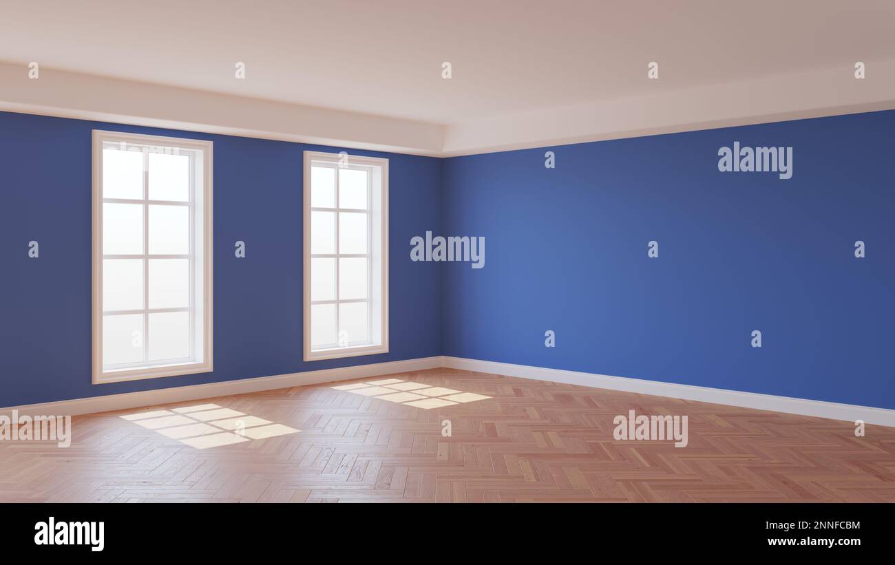 Dark Blue Room with Sunny Rays, Two Windows, White Ceiling and Cornice ...