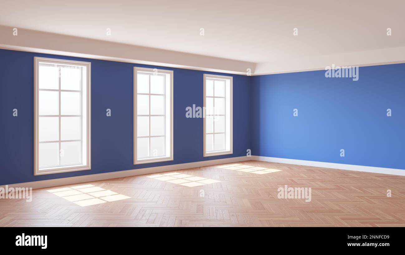 Sunny Room Interior with Blue Walls, Three Large Windows, White Ceiling ...