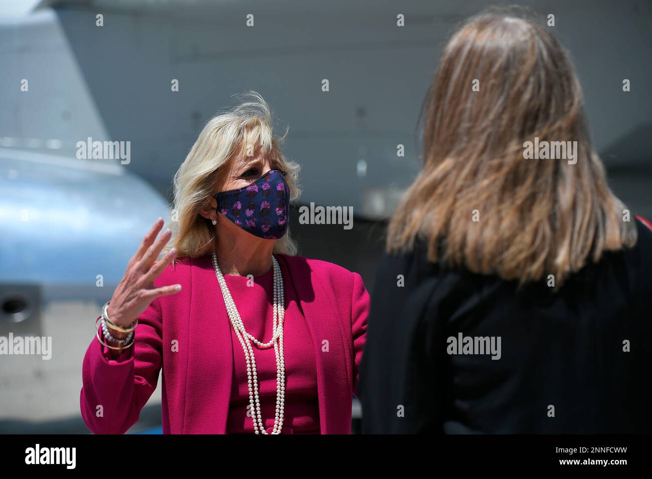 First lady Jill Biden speaks with Commissioner Charlene Pyskoty as she ...