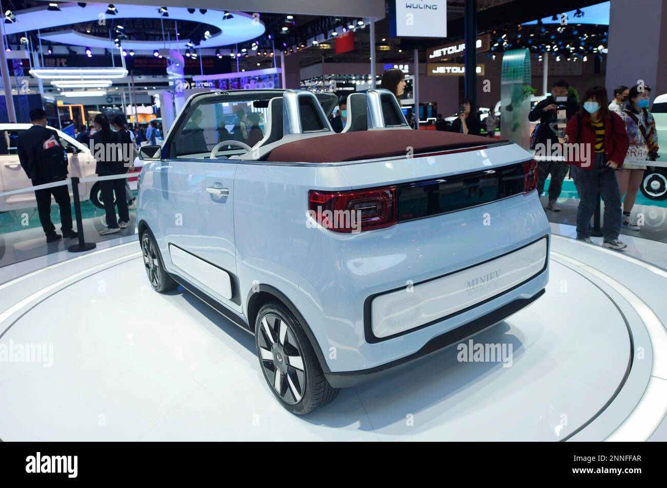 A view of a Wuling Hongguang Mini EV convertible electric two-seat car ...