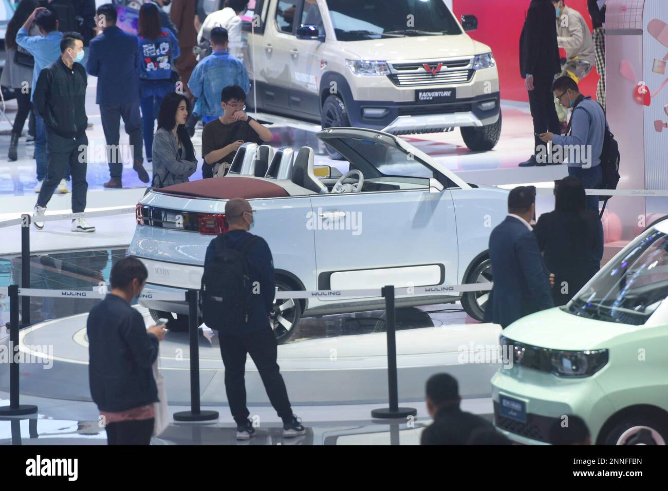 A view of a Wuling Hongguang Mini EV convertible electric two-seat car ...