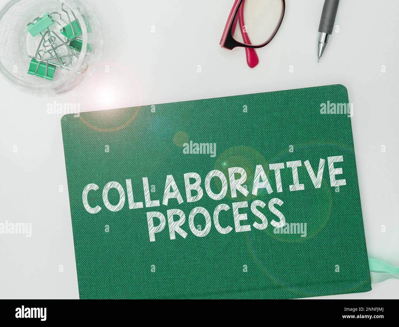 Text caption presenting Collaborative Process. Conceptual photo people ...