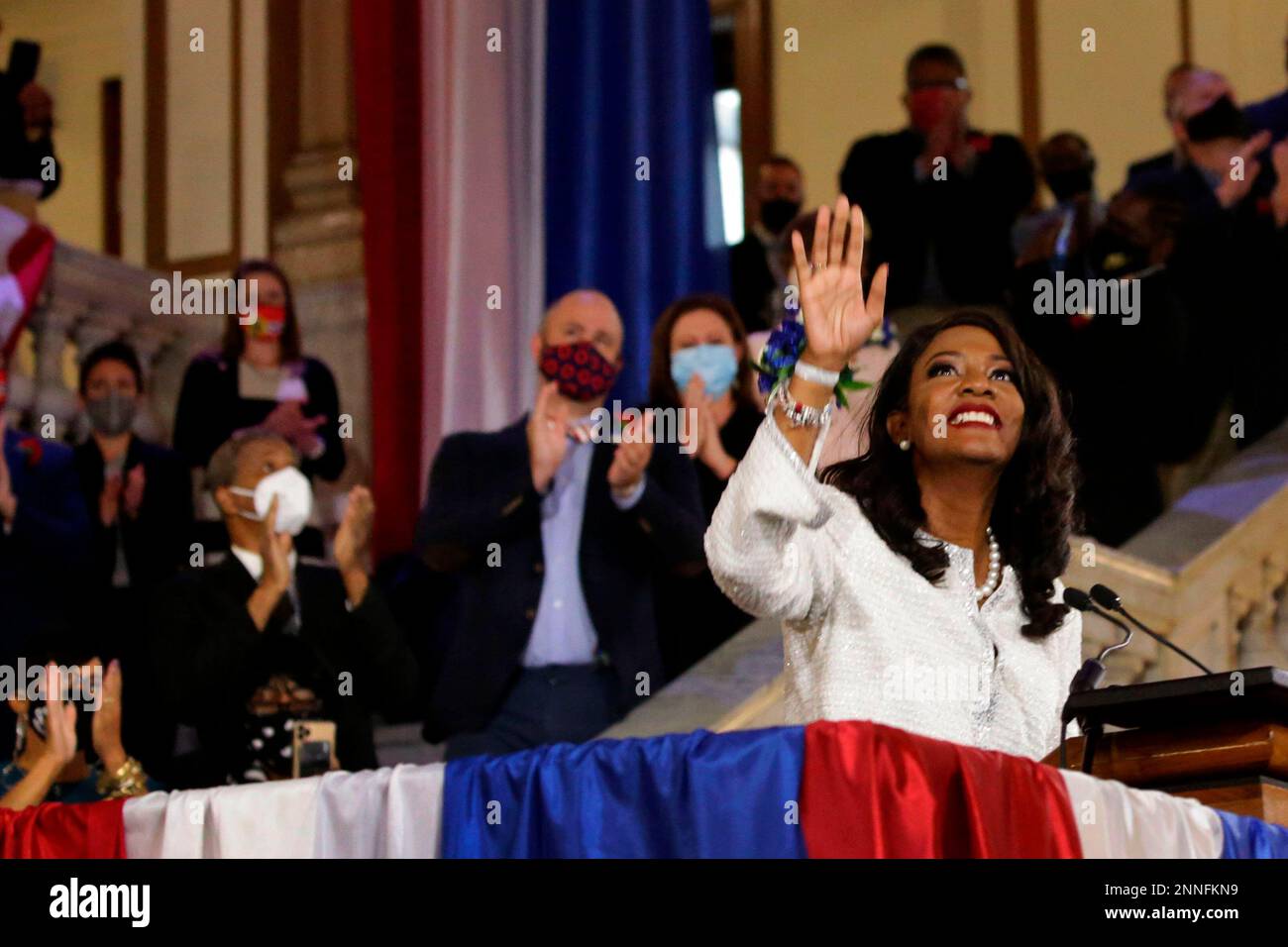 Tishaura Jones acknowledges the crowd in City Hall during her ...