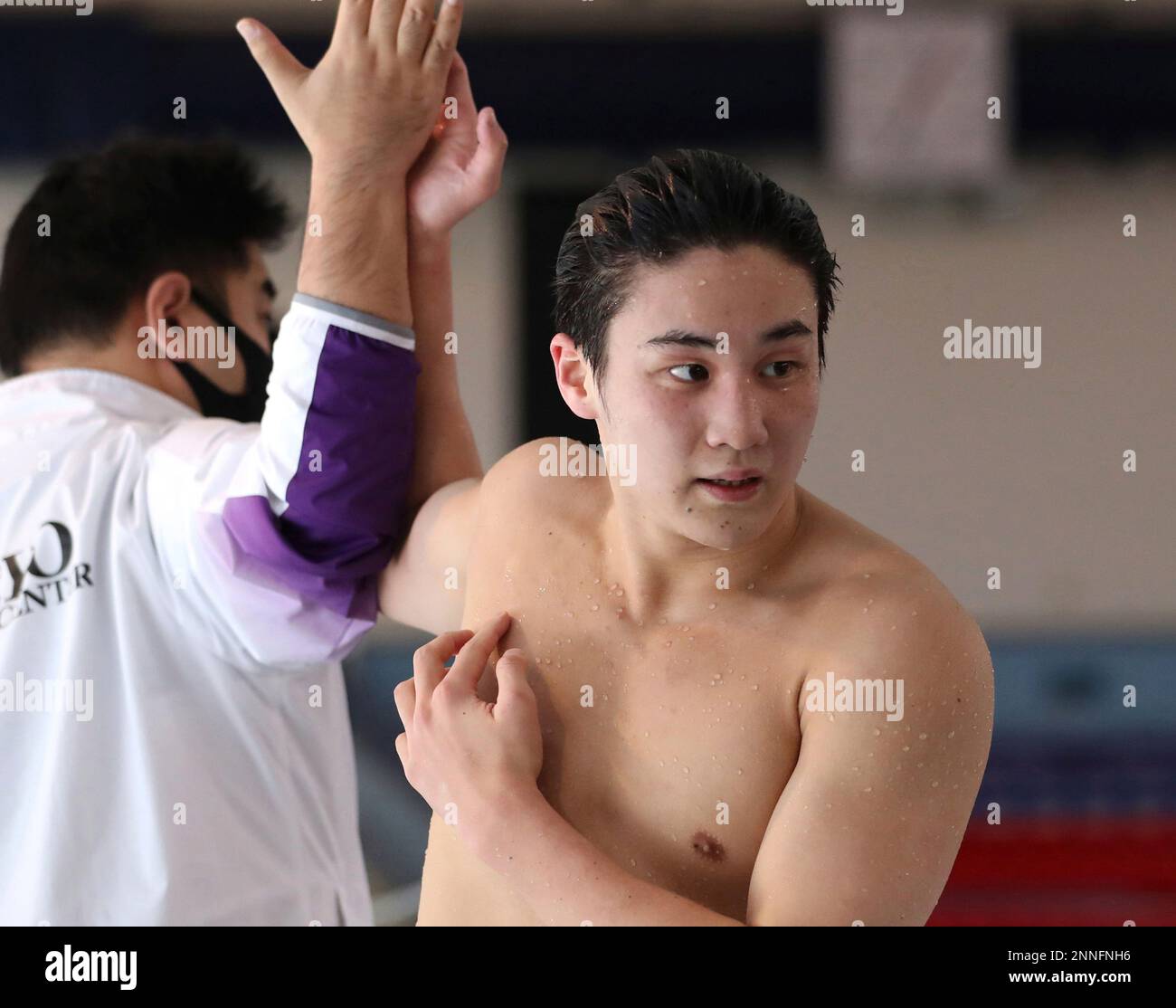 Shoma Sato, a Japanese competitive swimmer, opens to media his practice ...