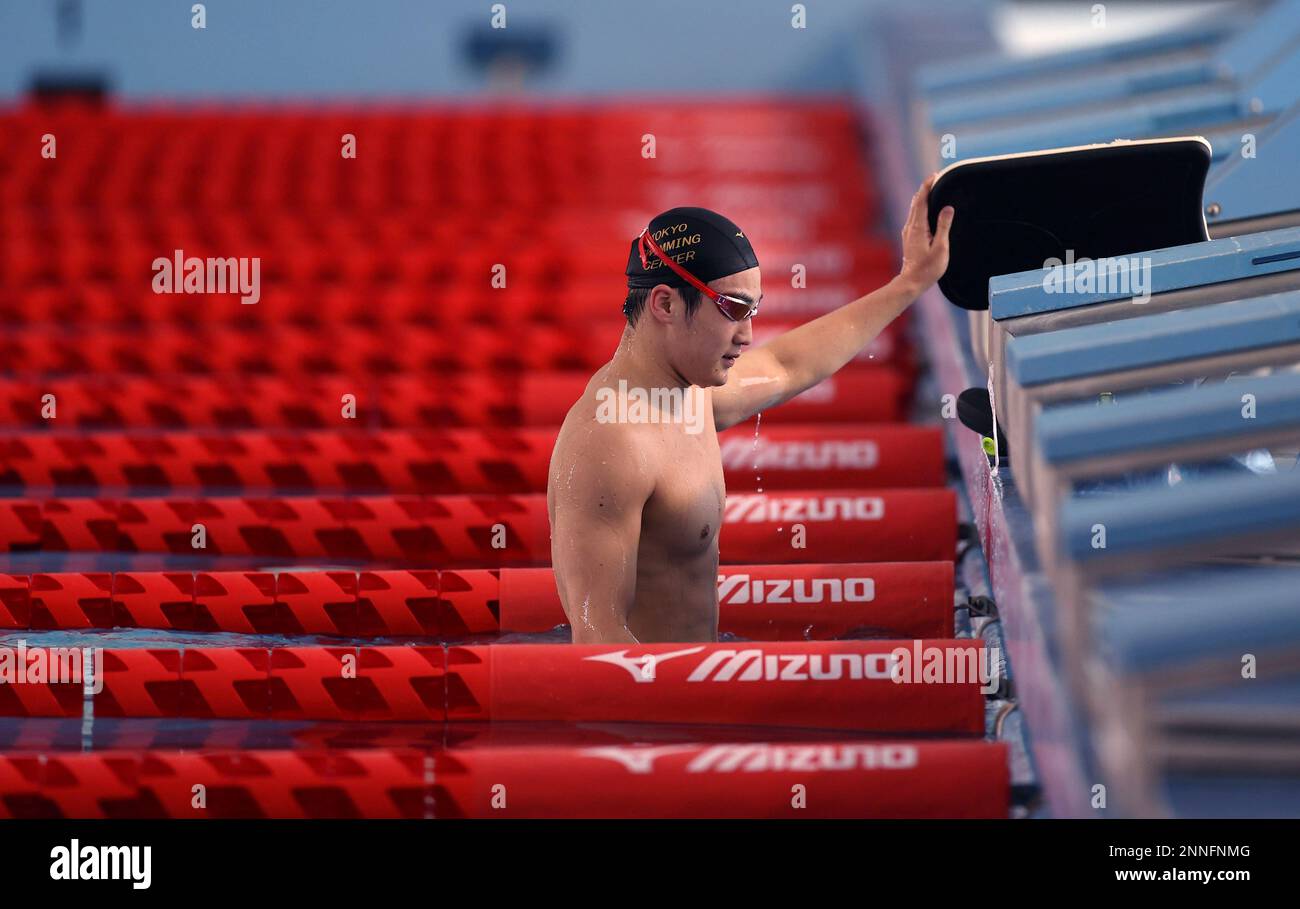 Shoma Sato, a Japanese competitive swimmer, opens to media his practice ...